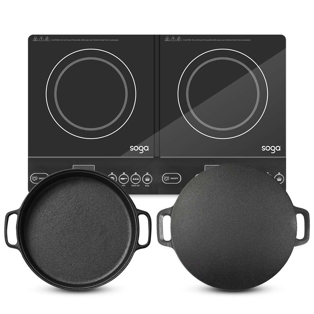 SOGA Dual Burners Cooktop Stove 30cm Cast Iron Skillet and 34cm Induct ...