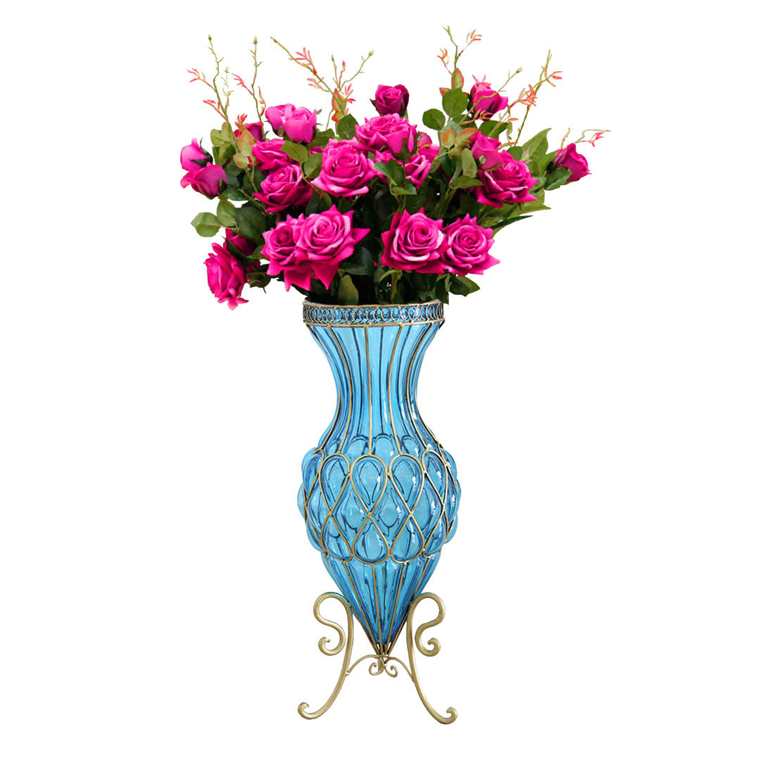 SOGA 67cm Blue Glass Tall Floor Vase and 12pcs Dark Pink Artificial Fa ...