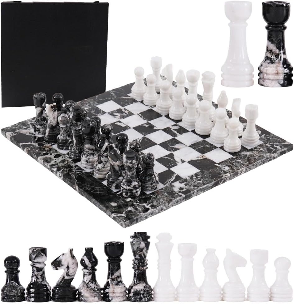 Earthen Crafts Marble Chess Set 15" Black Zebra & White with Storage B ...