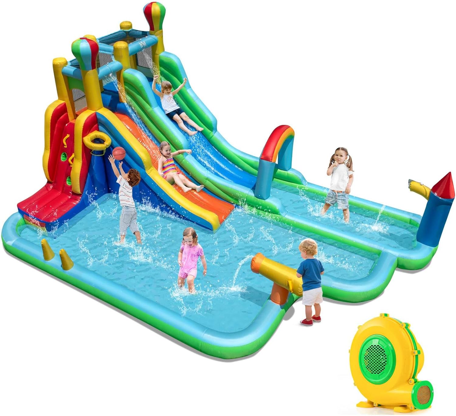 HONEY JOY Inflatable Water Park, Dual Water Slides with Climbing Wall ...