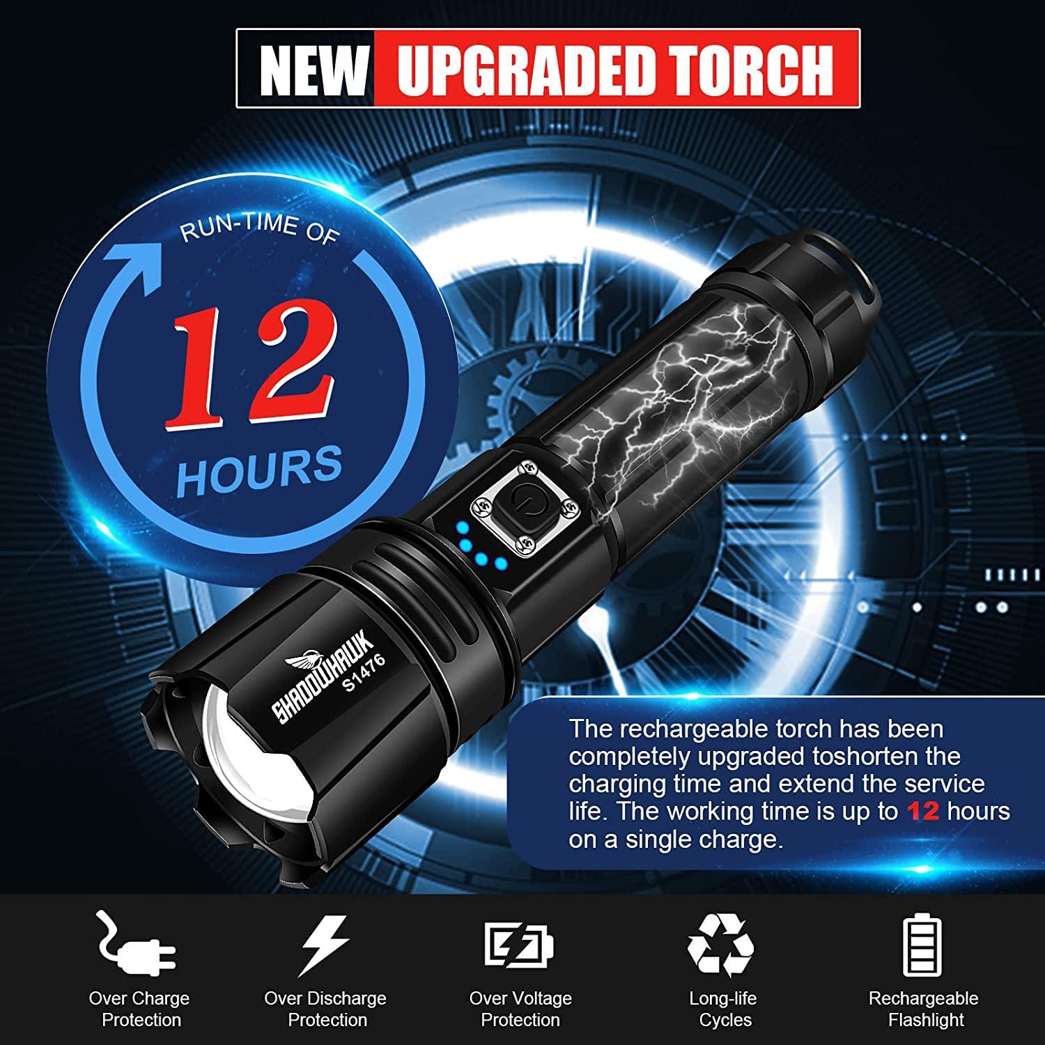 LED Torch Rechargeable Flashlight with High Lumens, Shadowhawk 10000 L – Gifts Hub Australia