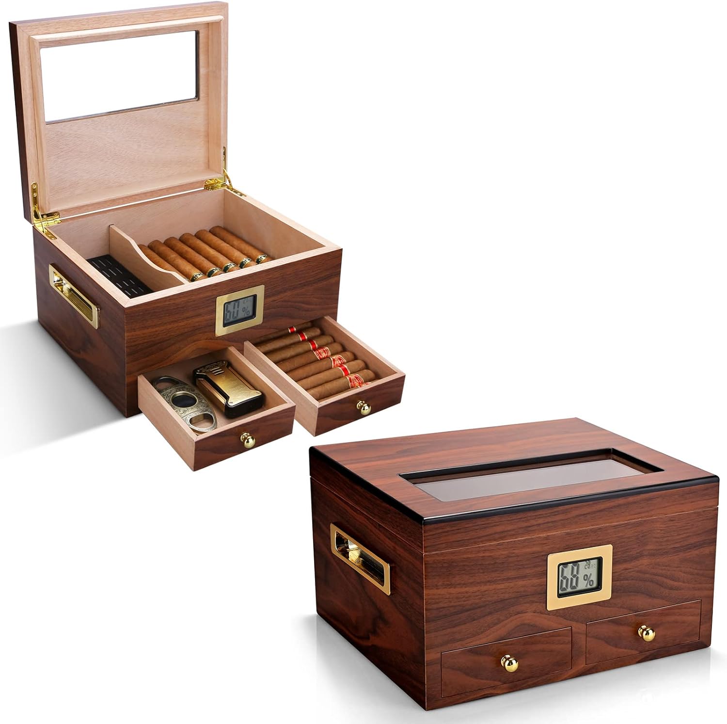 Cigar Humidor with Hygrometer and Humidifier Large Capacity Double Lay ...