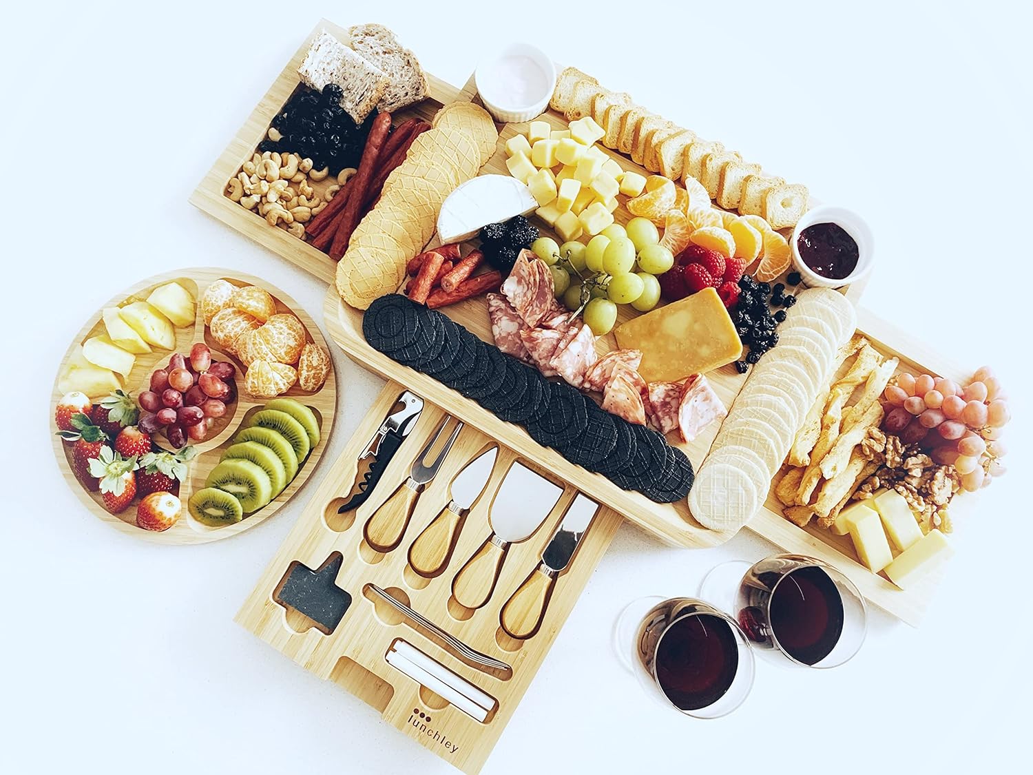 lunchley Large Bamboo Cheese Board and Knife Set with 2 Ceramic Sauce ...