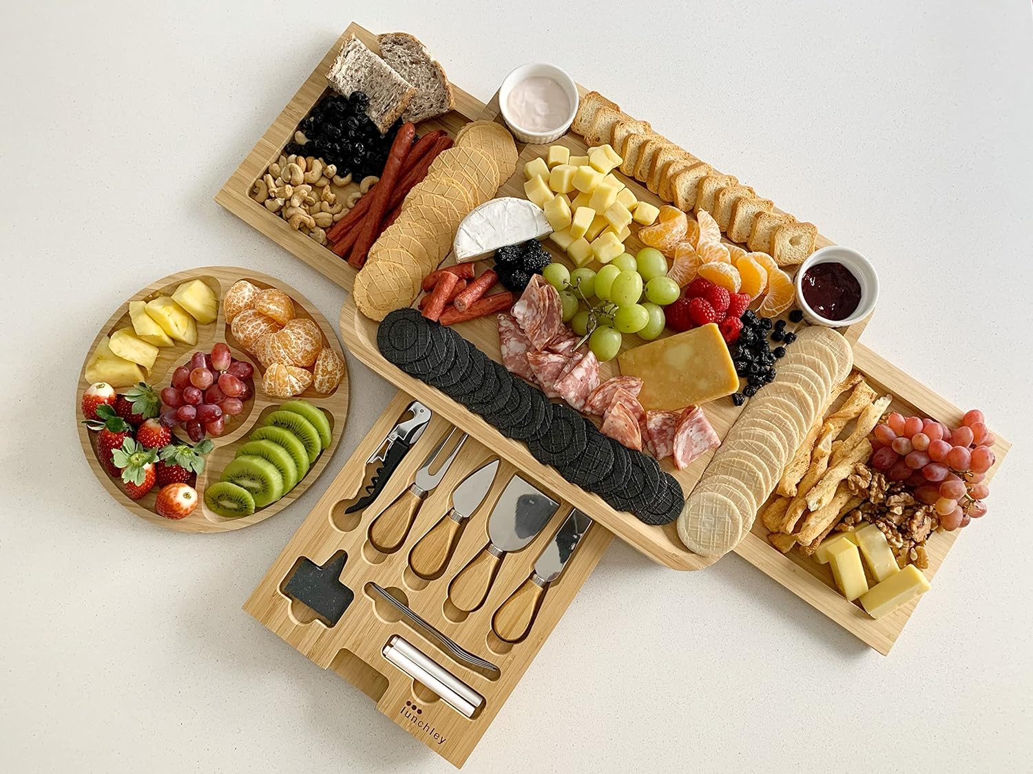 lunchley Large Bamboo Cheese Board and Knife Set with 2 Ceramic Sauce ...