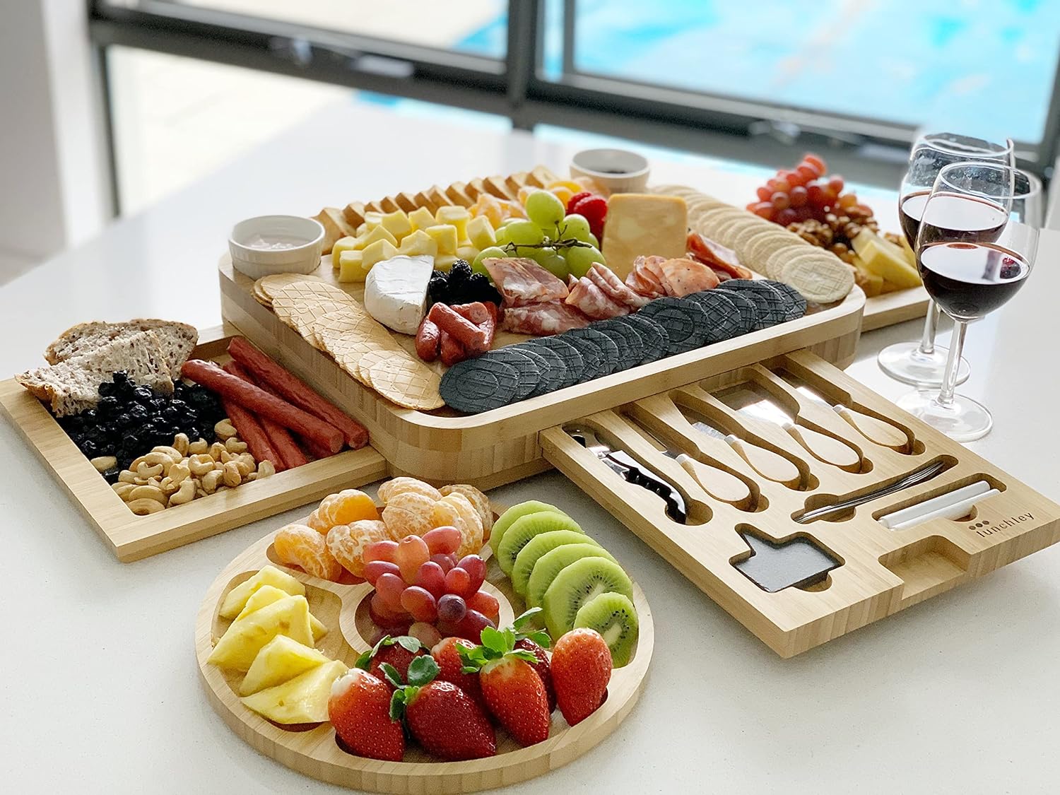 lunchley Large Bamboo Cheese Board and Knife Set with 2 Ceramic Sauce ...